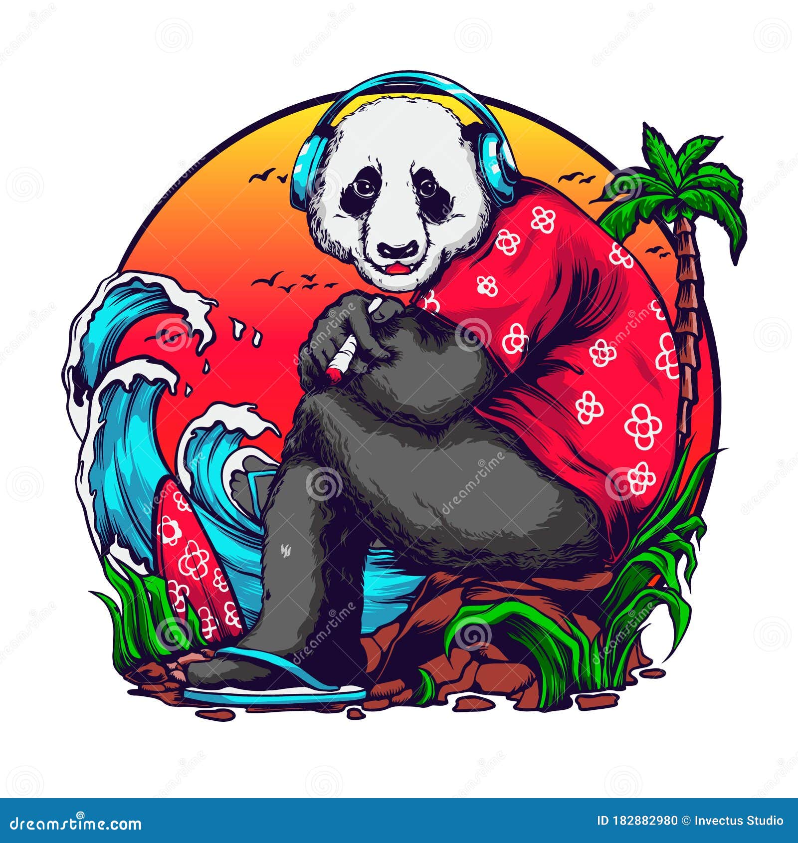 Panda Chill at the Beach Illustration Perfect Tshirt Design Stock ...