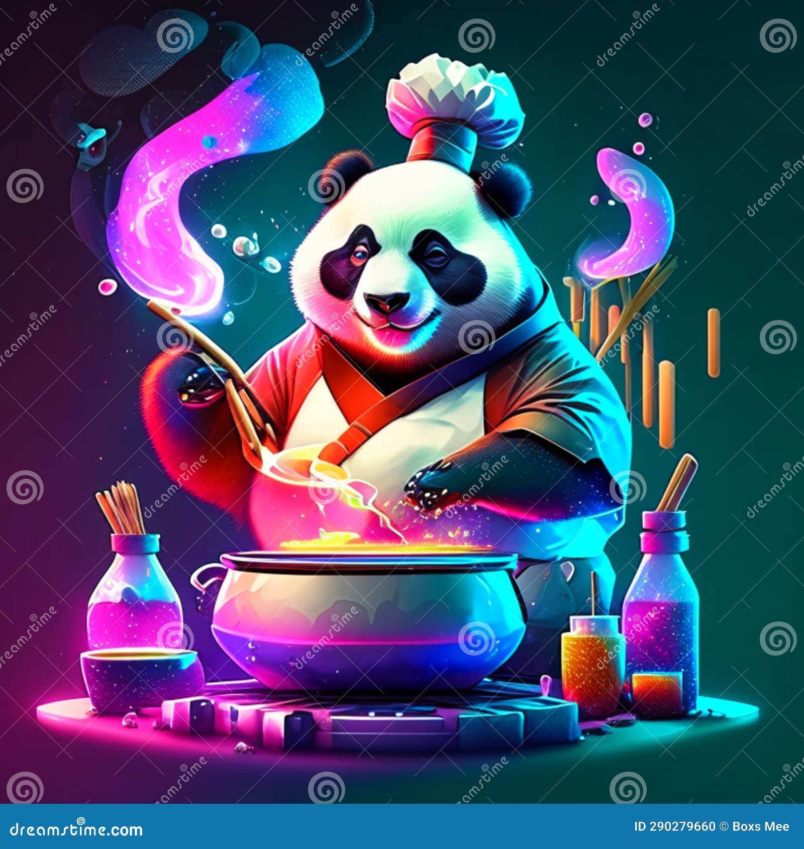 Panda Cooking in a Cauldron. Vector Illustration of a Cartoon Character ...
