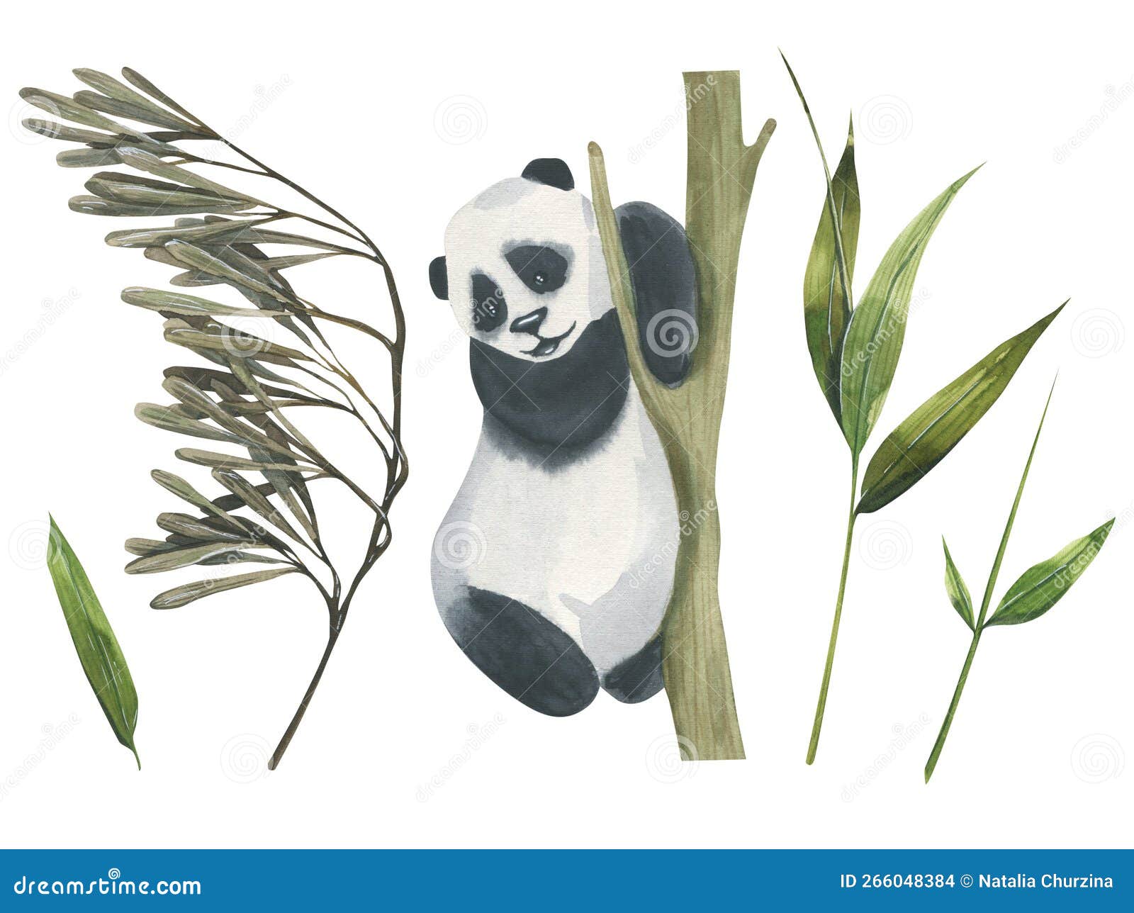 Panda Crawling on a Tree with Bamboo Leaves and Seeds. Watercolor ...