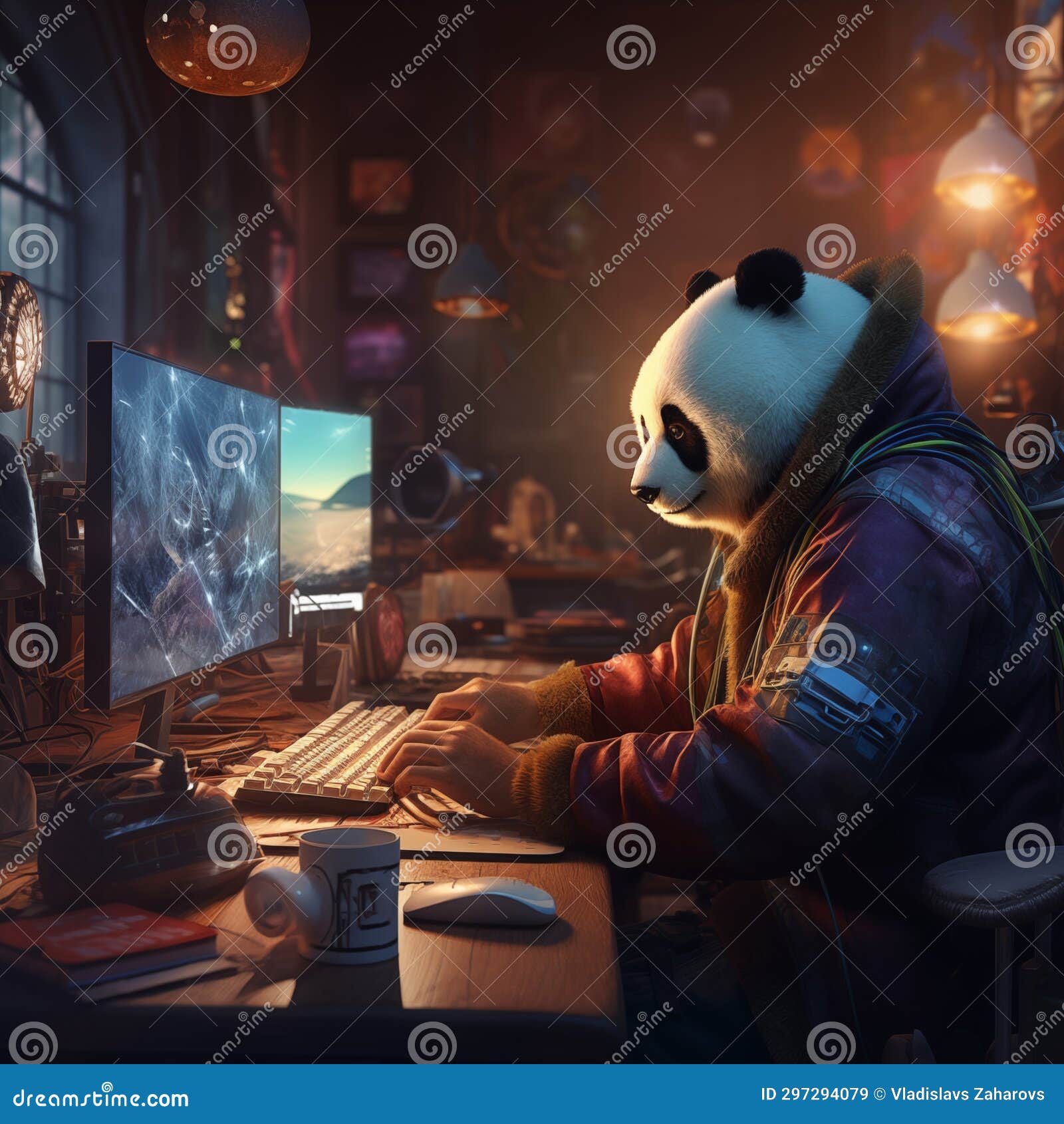 A Panda Designer Immersed in Computer Work. Stock Illustration ...