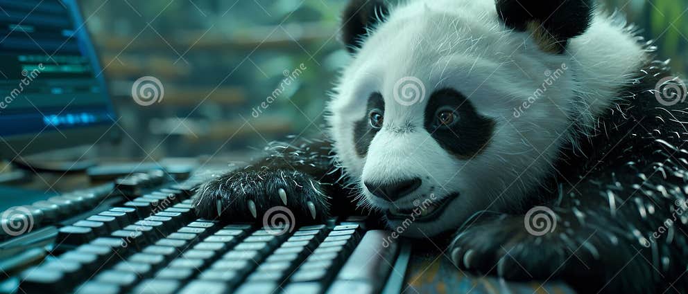 The Panda Diligently Typing on a Computer Keyboard Stock Illustration ...