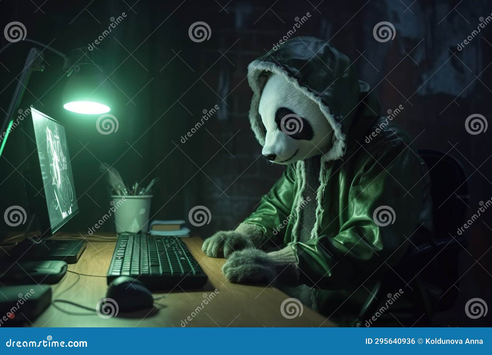 Panda Dressed Working at Night Sitting with Lamp Having a Lot of Tasks ...