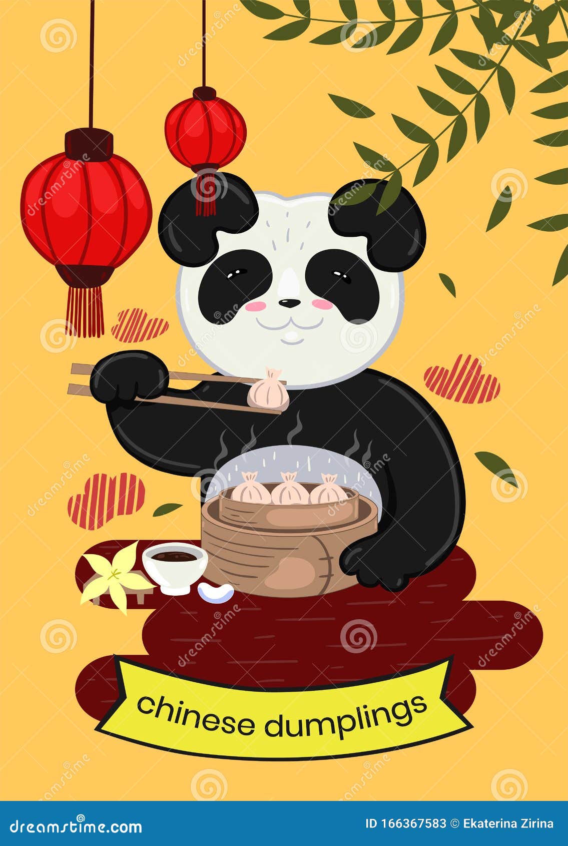 Panda Eats Chinese Dumplings. Banner for the Restaurant. Vector ...