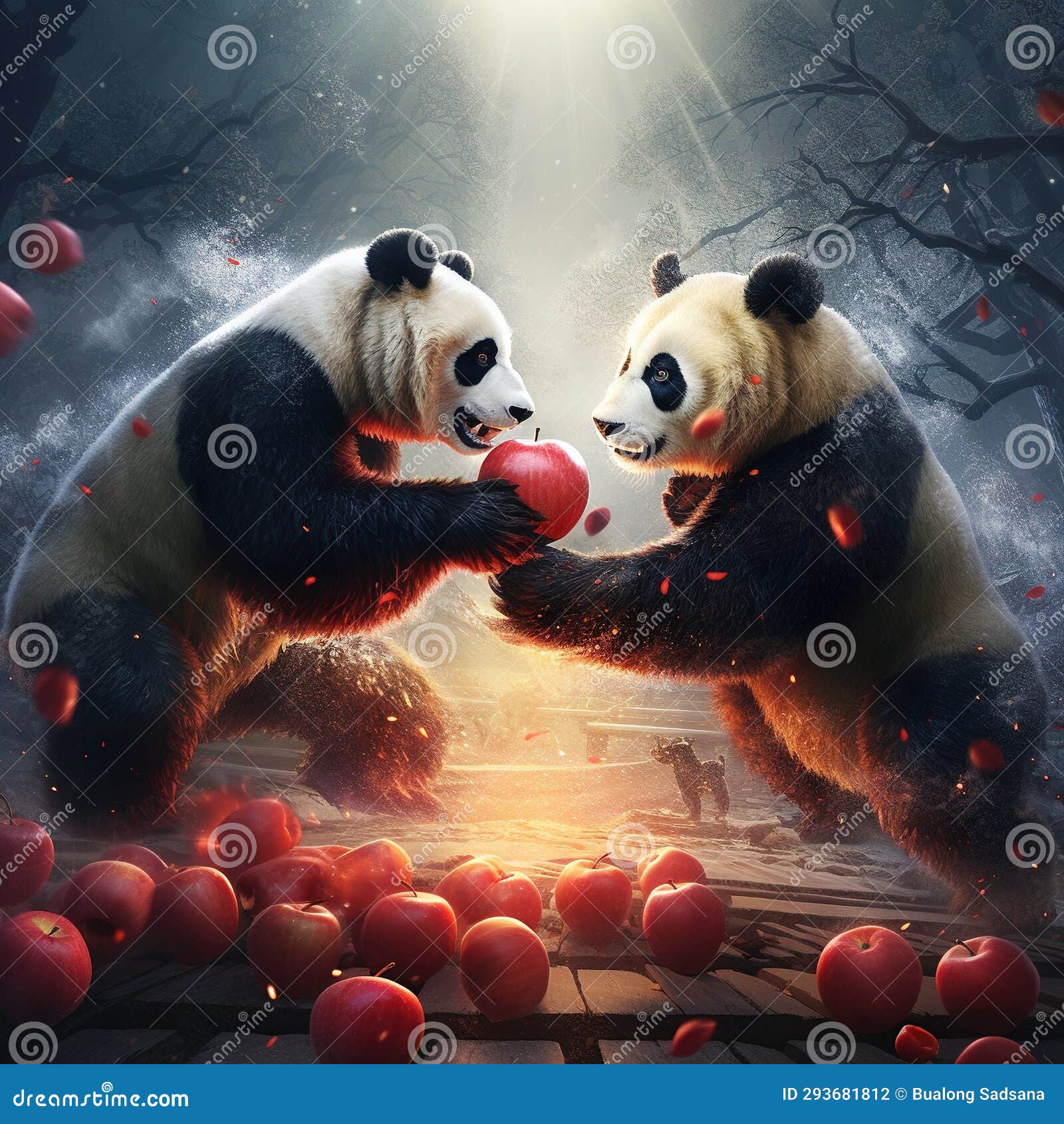 Panda Fighting for an Apple Stock Illustration - Illustration of ...