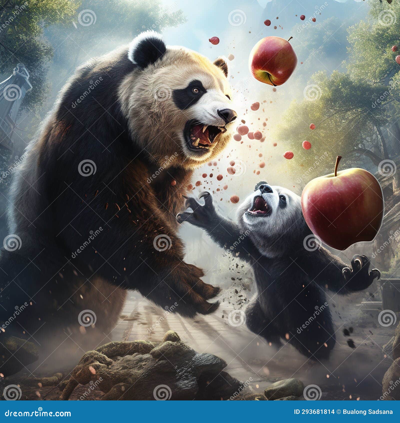 Panda Fighting for an Apple Stock Illustration - Illustration of panda ...