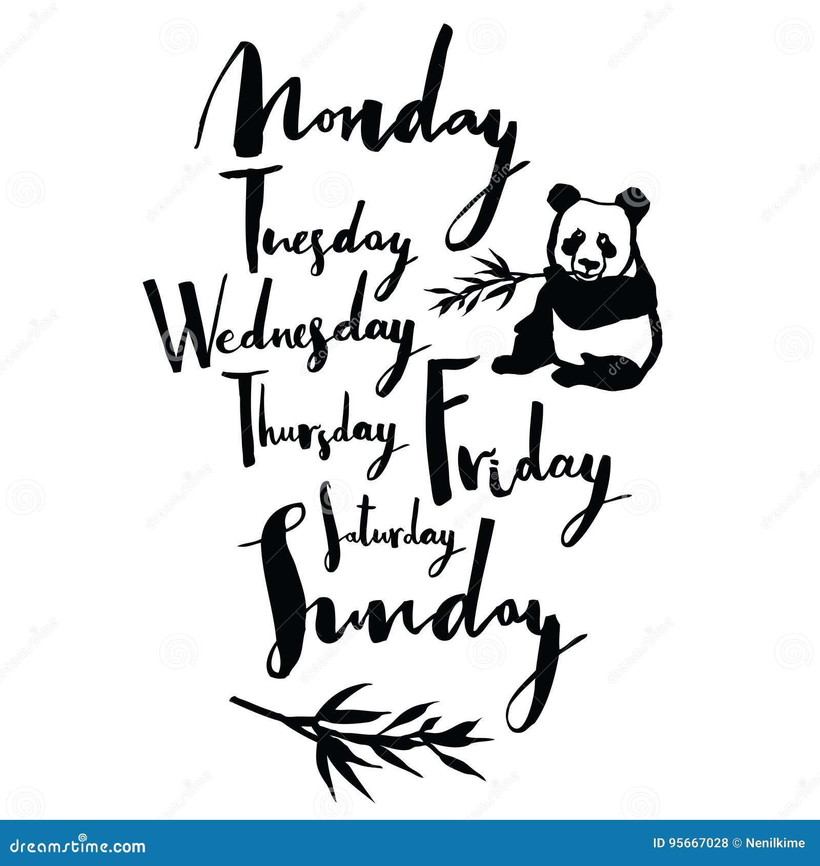 Panda Font Days of the Week Handwritten Calligraphy Stock Vector ...