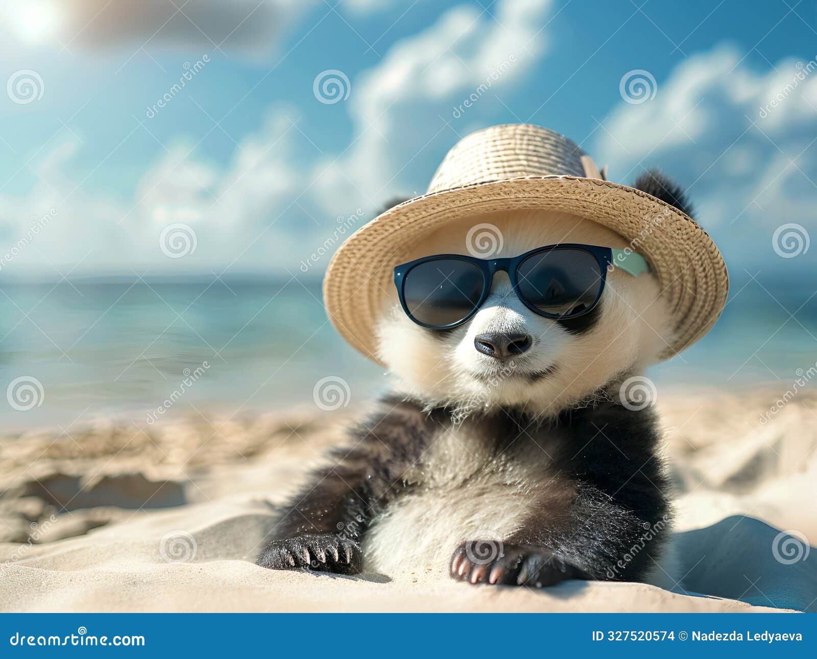Panda in Glasses and Hat is Relaxing on the Beach. Stock Photo - Image ...