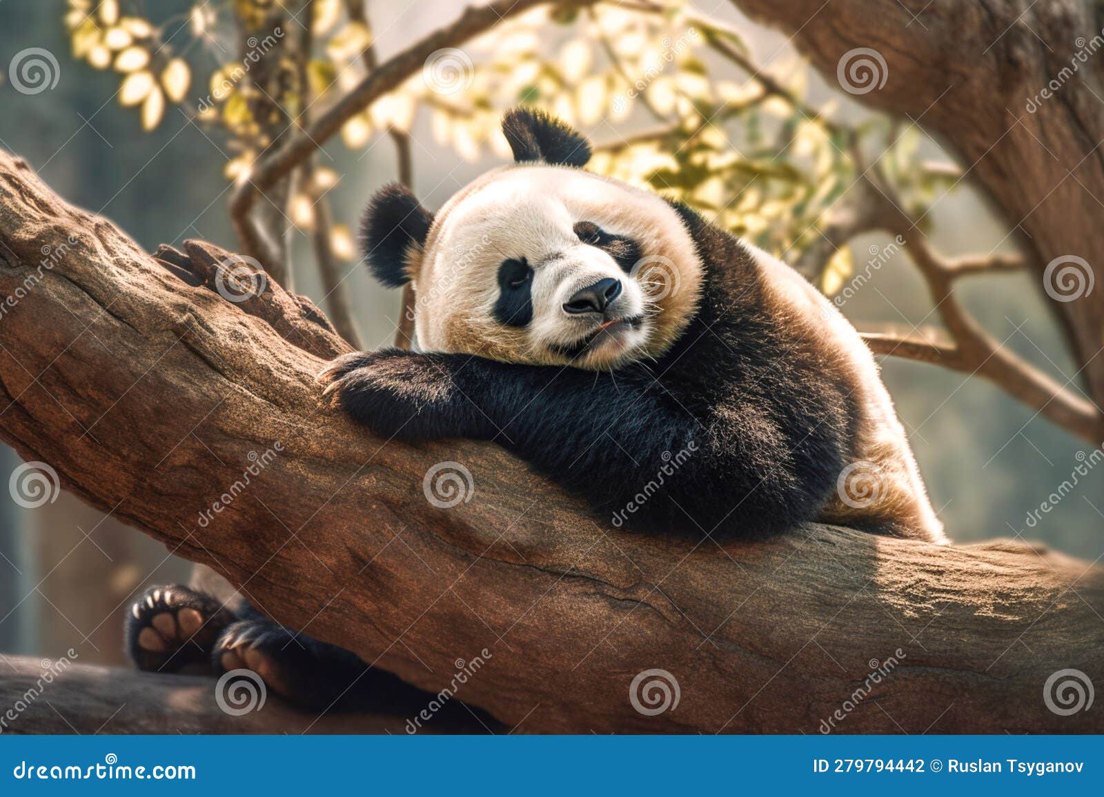 Panda Hangs Lazily on a Tree Branch. Giant Panda is Resting in the ...