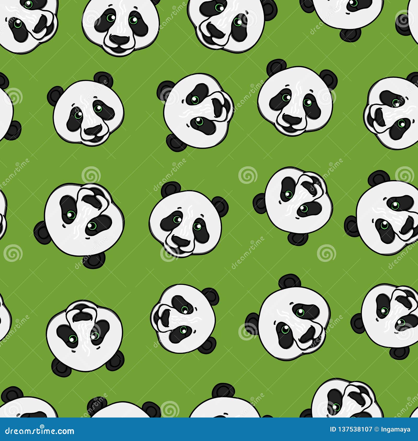 Panda Head Seamless Pattern. Vector Hand Drawn Illustration on Green. Surface Design Stock ...
