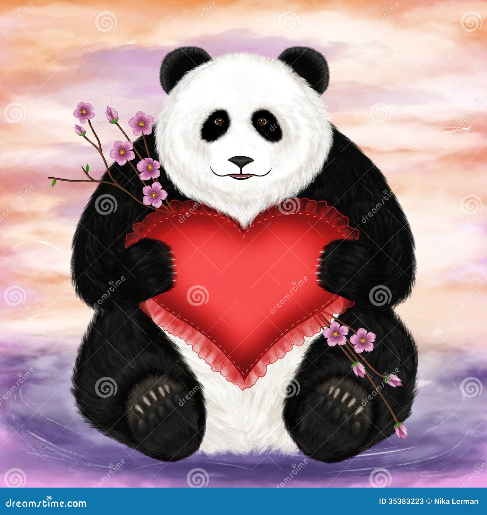 Panda with a Heart-shaped Pillow Stock Illustration - Illustration of ...