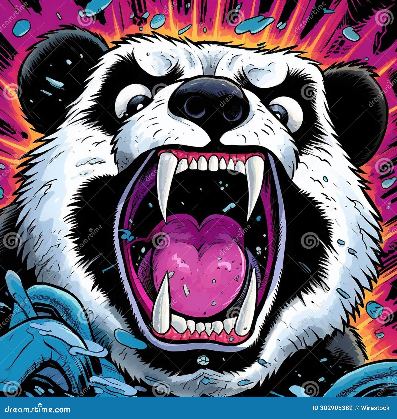 Panda with Its Mouth and Fangs Open Against a Bright Burst of Light in ...