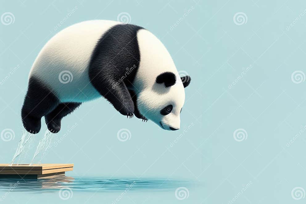 Panda Jumping from a Springboard into the Water. Space for Text. Stock ...