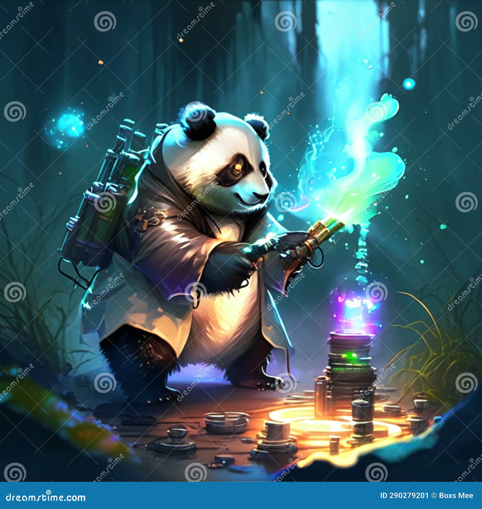 A Panda with a Lantern and a Flashlight in His Hand Sits on the Ground ...