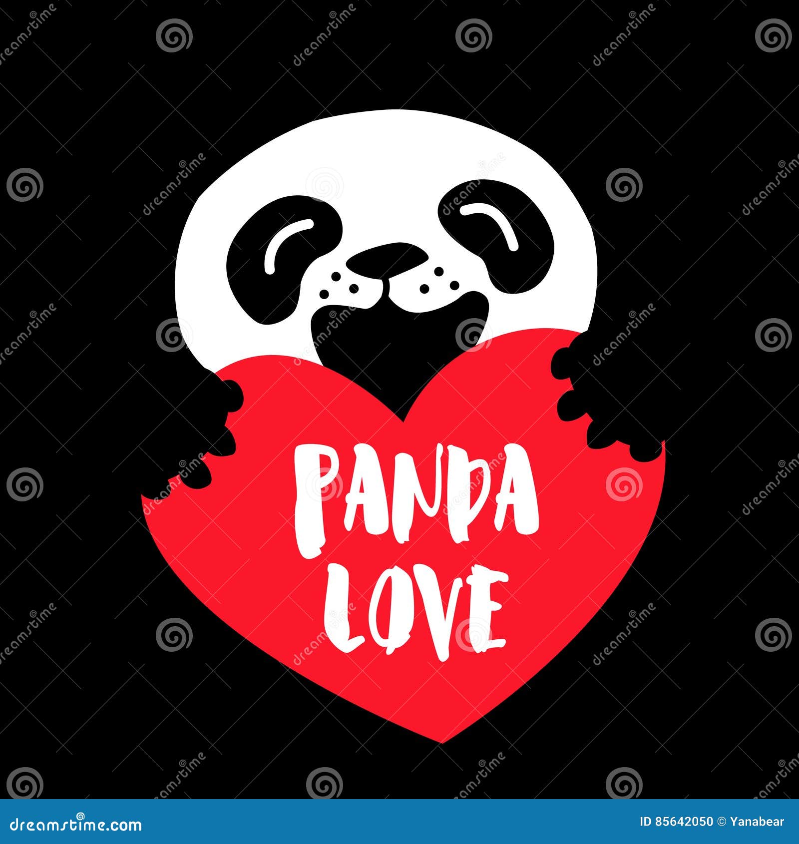 Panda Love Cartoon Bear Big Red Heart Black Background Stock ...