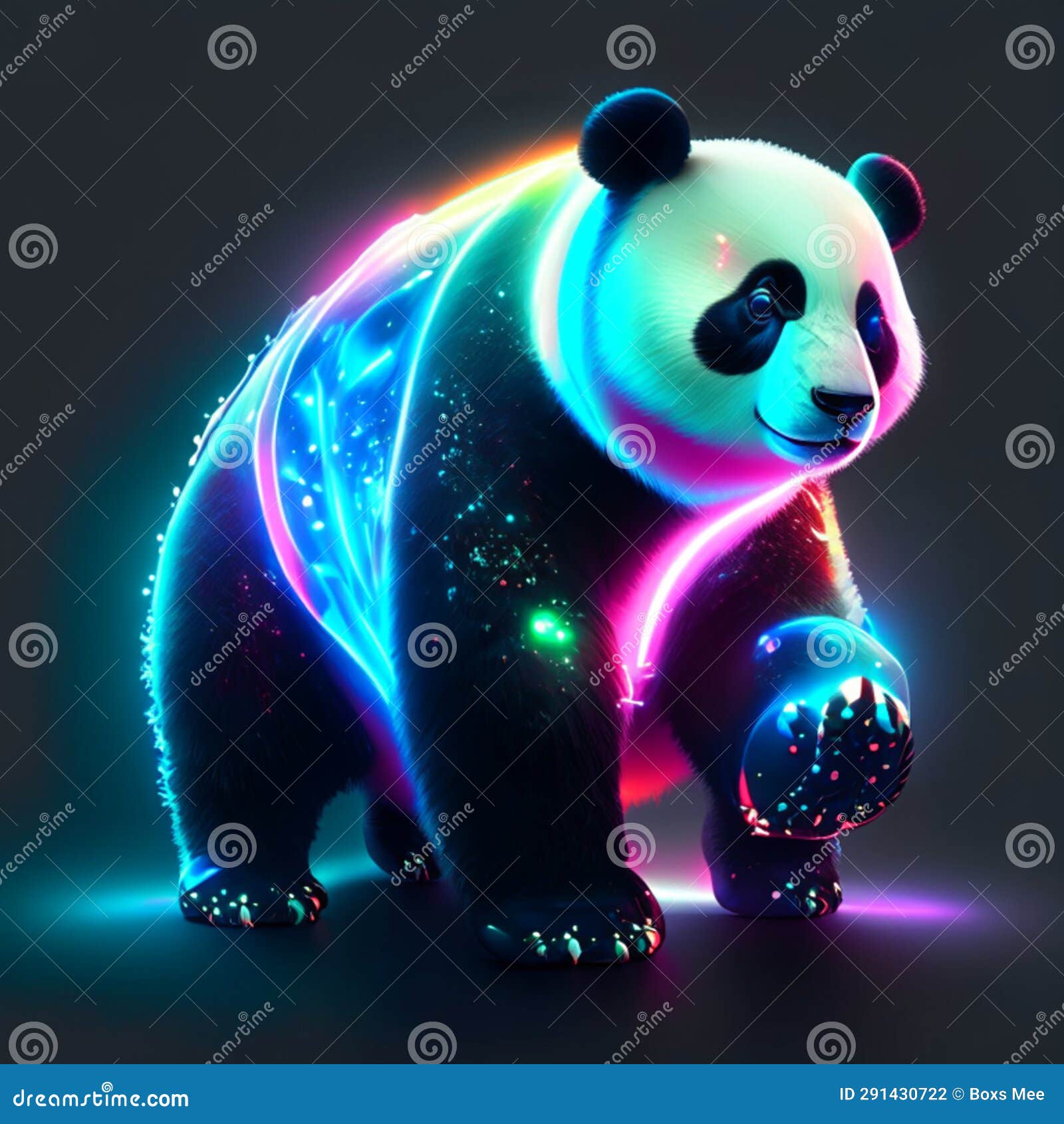 Panda in Neon Light on Dark Background. 3d Render Illustration ...