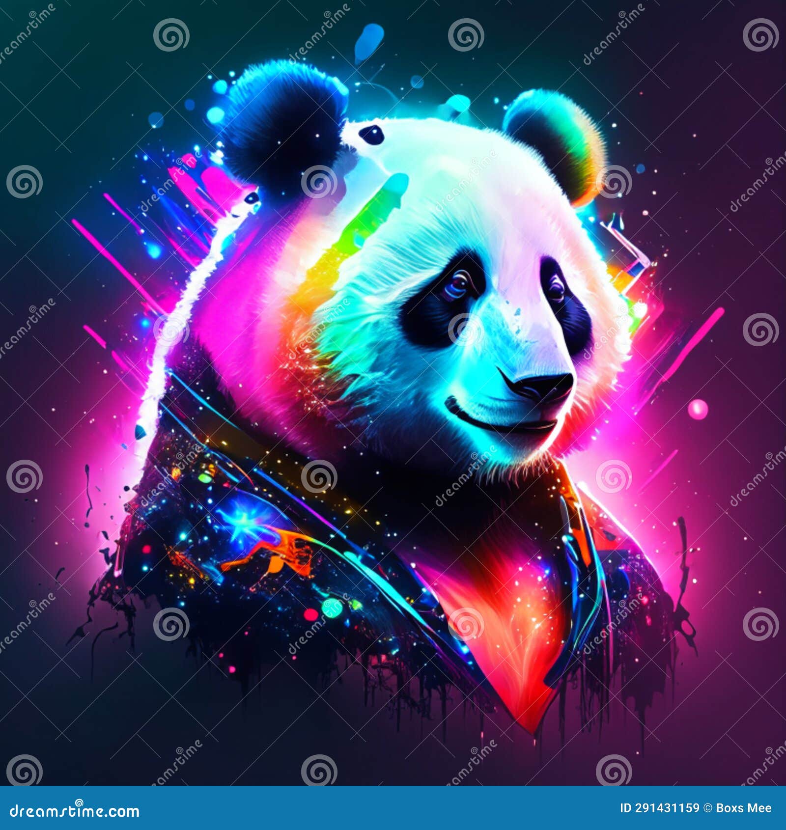 Panda in Neon Light. Hand-drawn Illustration. Vector Stock Illustration ...