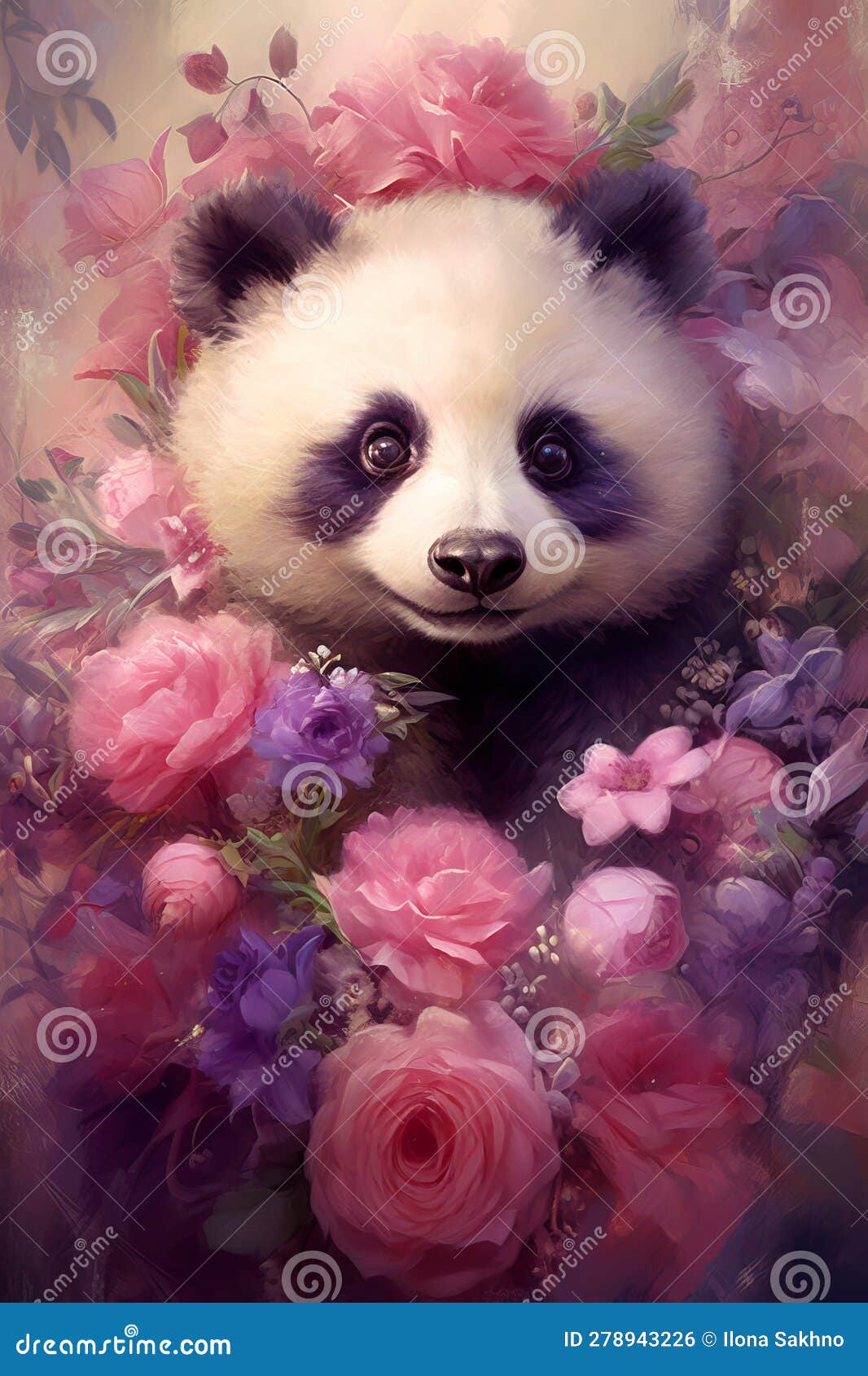 Panda in pink colors stock illustration. Illustration of floral - 278943226