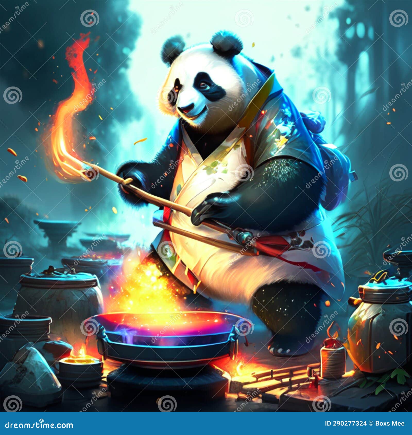 A Panda Playing a Musical Instrument in Front of a Fire. Generative AI ...