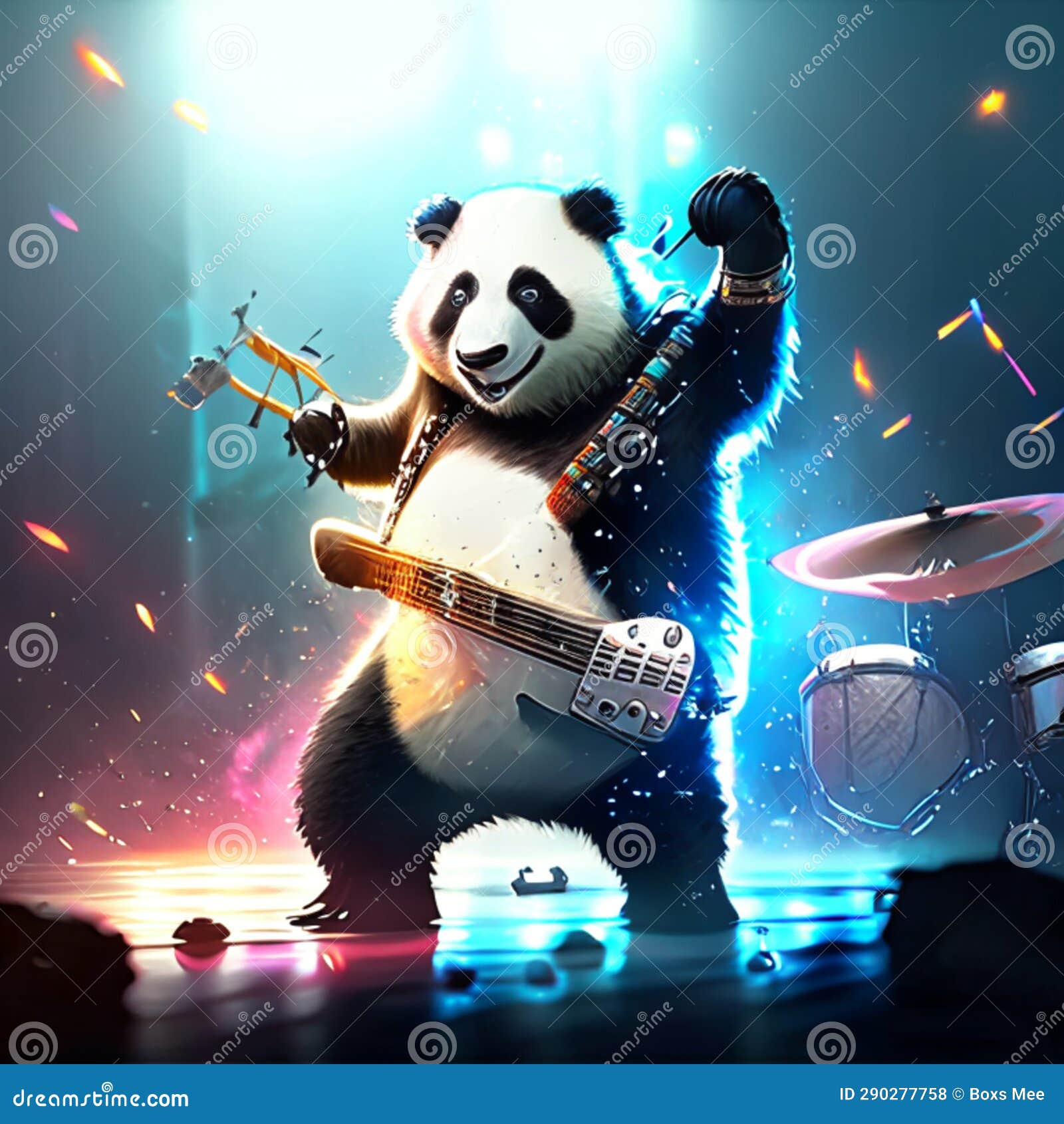 Panda Playing Musical Instruments on Stage. 3d Render Illustration ...