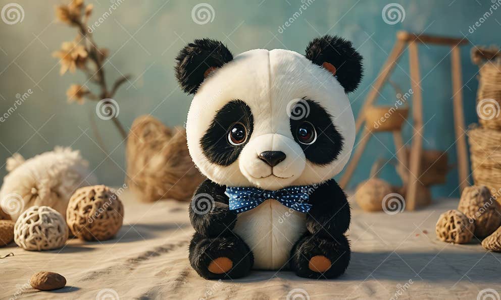 Panda Plush Toy, Dressed in Blue Bowtie, Sits on Beige Surface ...