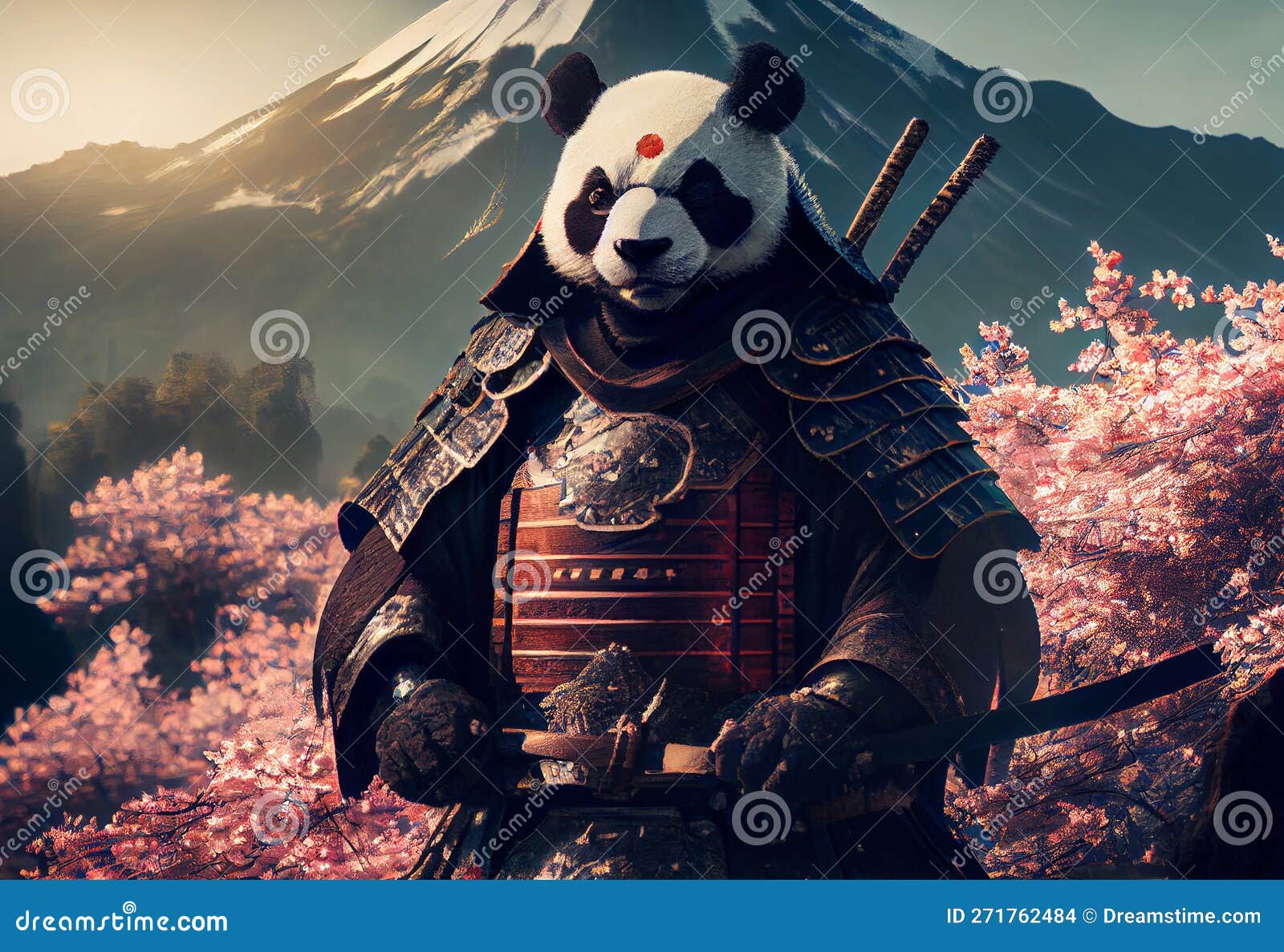 Panda Samurai and Cherry Blossoms on the Mountain. Stock Illustration ...
