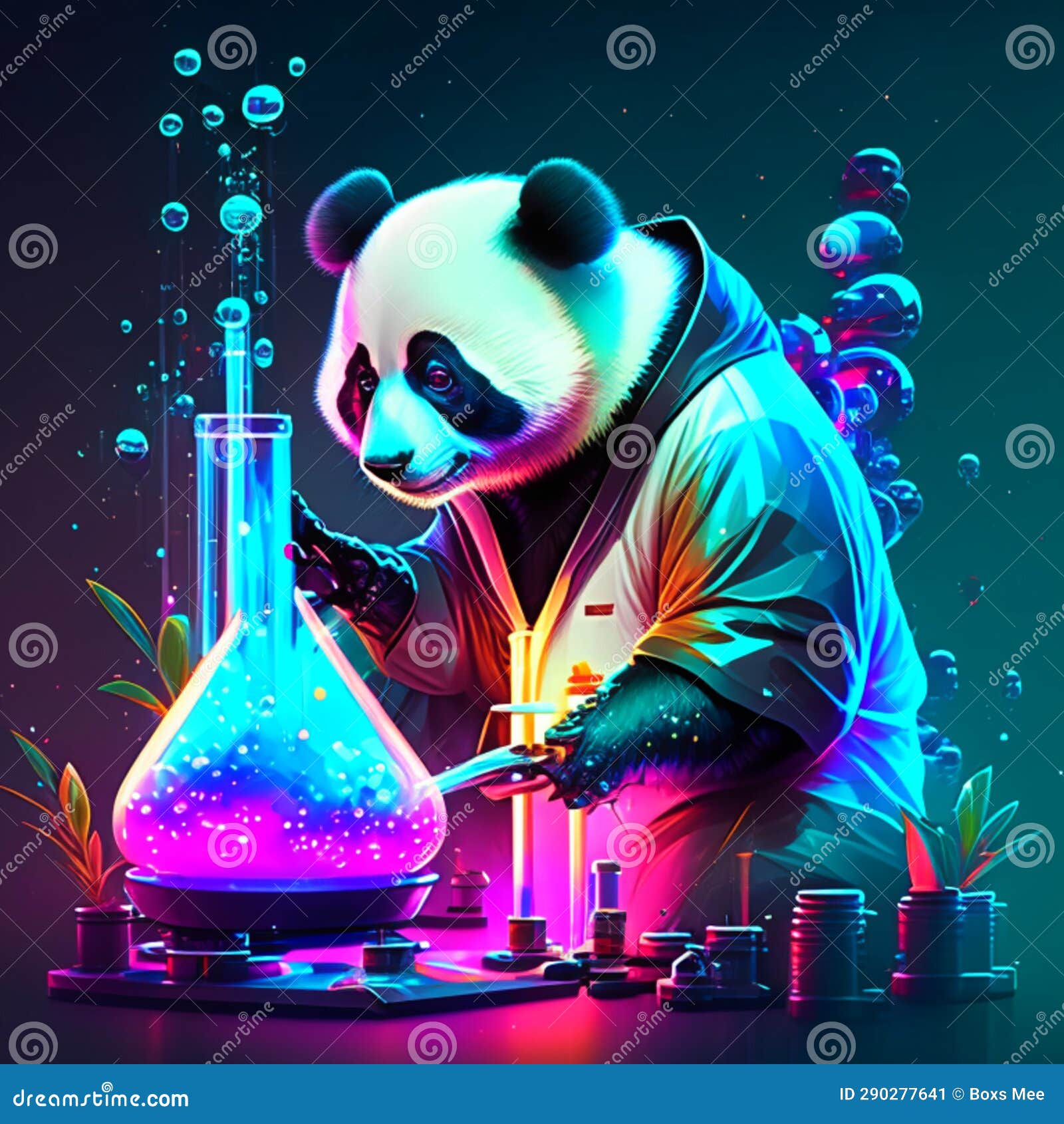 Panda Scientist Working in Laboratory. Vector Illustration in Neon ...