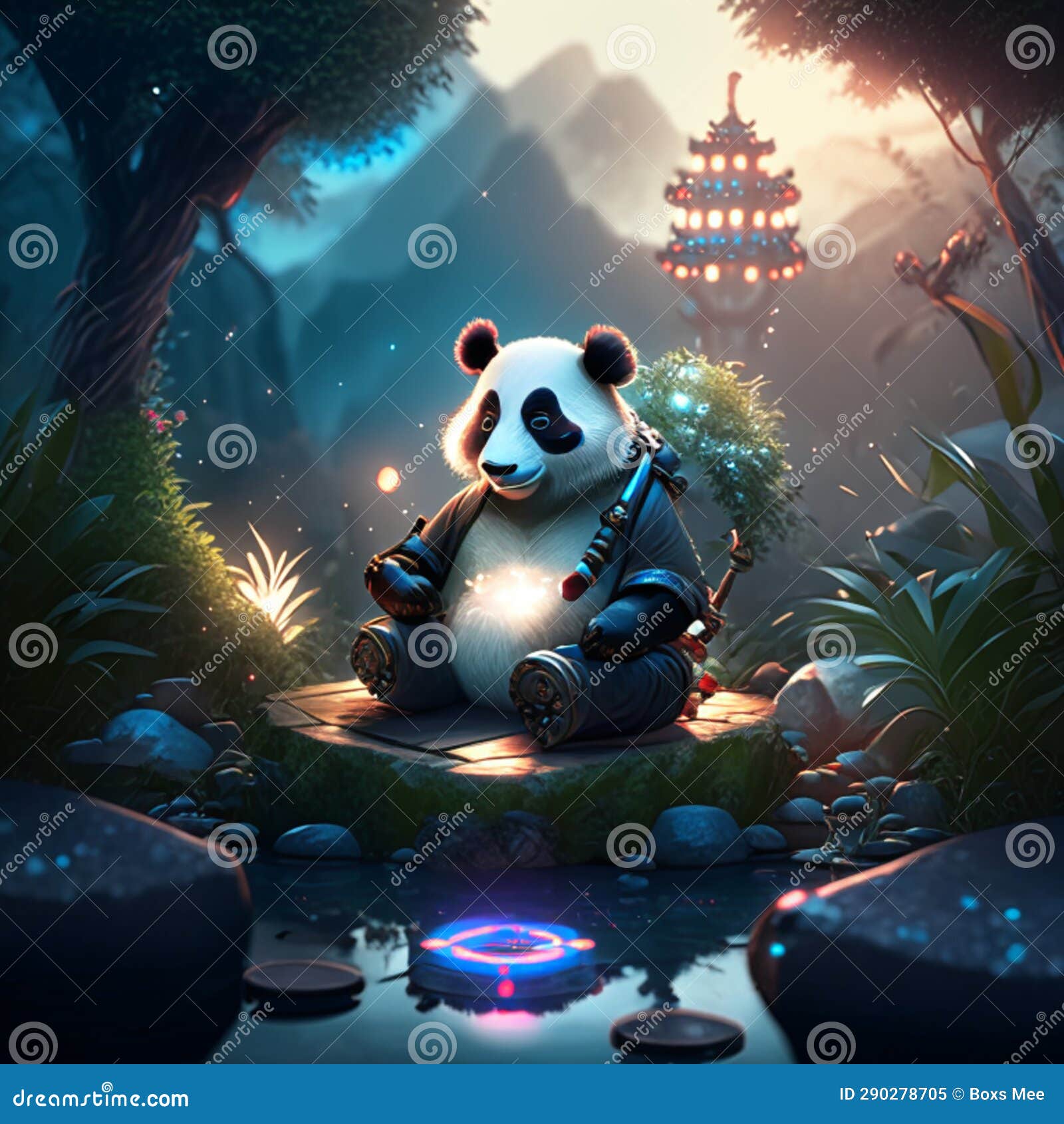 A Panda Sits on a Rock in the Forest, Surrounded by Plants and ...