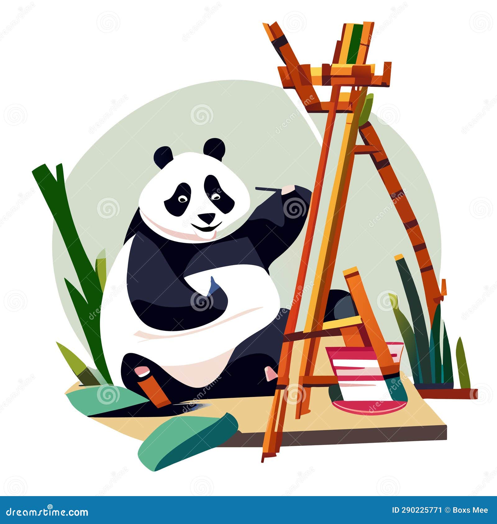 Panda Sitting on the Ground and Drawing with Pencils. Vector ...