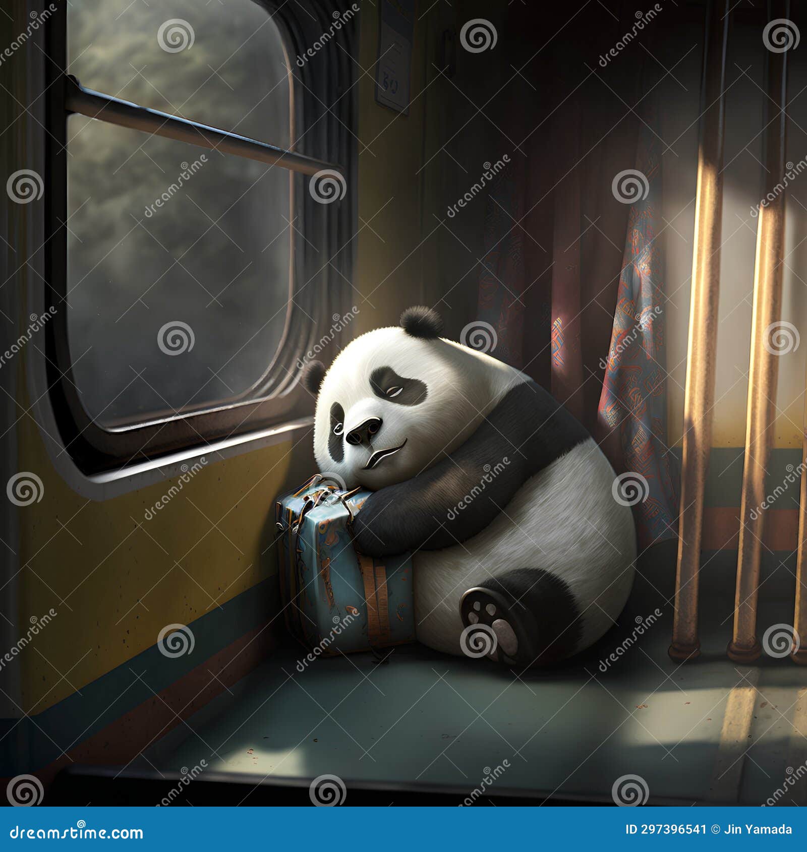 Panda Sitting on the Train and Holding a Suitcase. 3d Rendering Stock ...