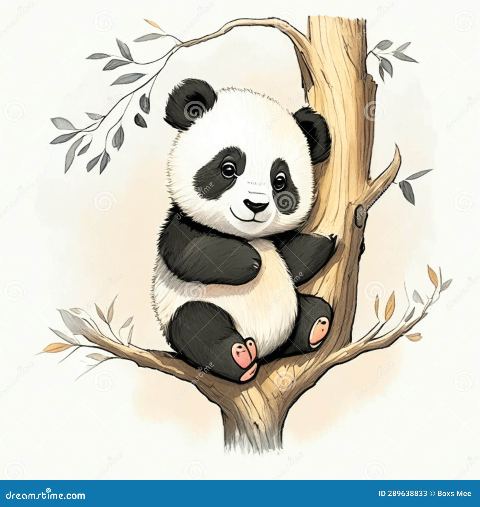 Panda Sitting on a Tree Branch. Hand Drawn Vector Illustration Stock ...