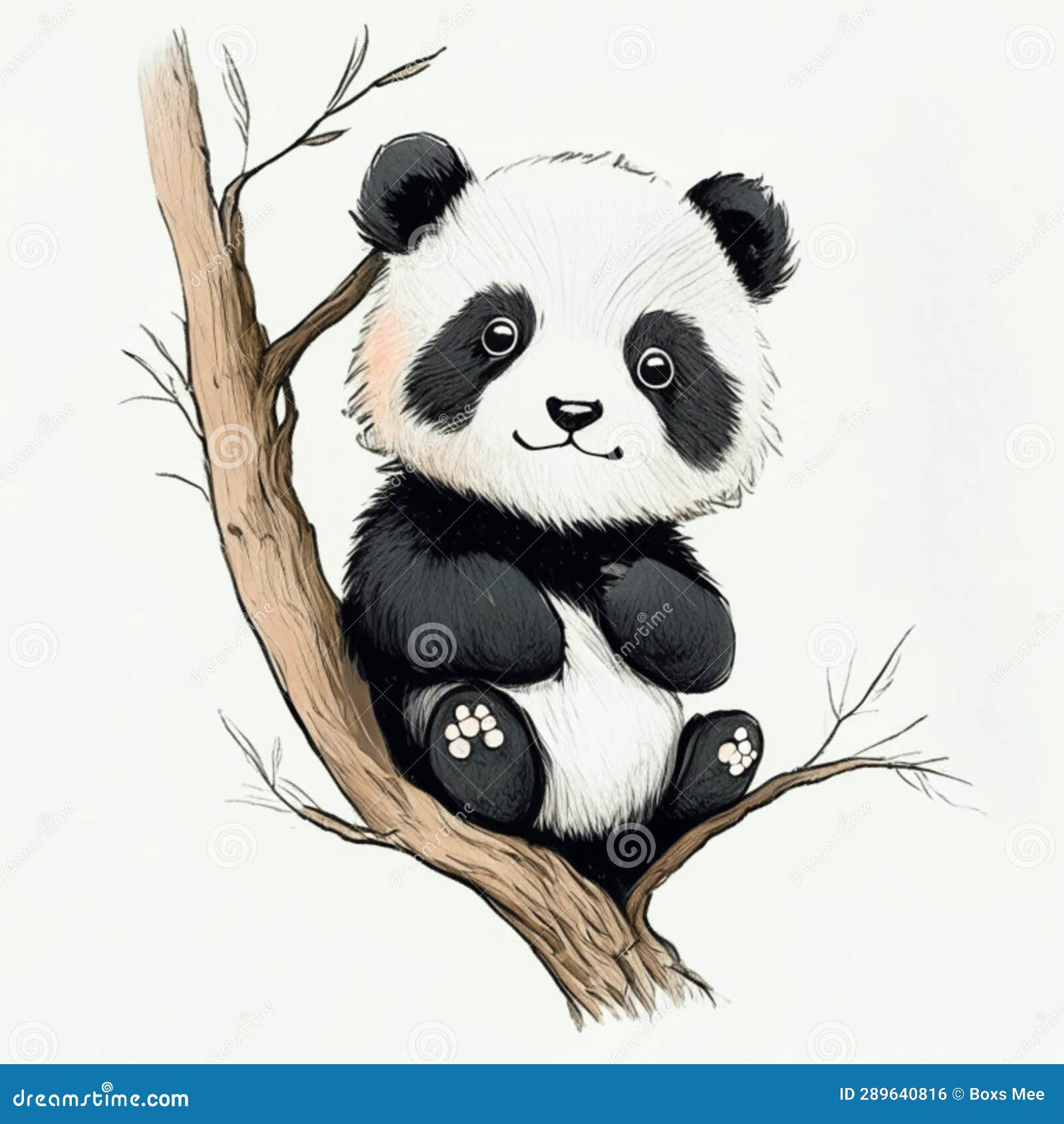 Panda Sitting on a Tree Branch. Hand Drawn Vector Illustration Stock ...