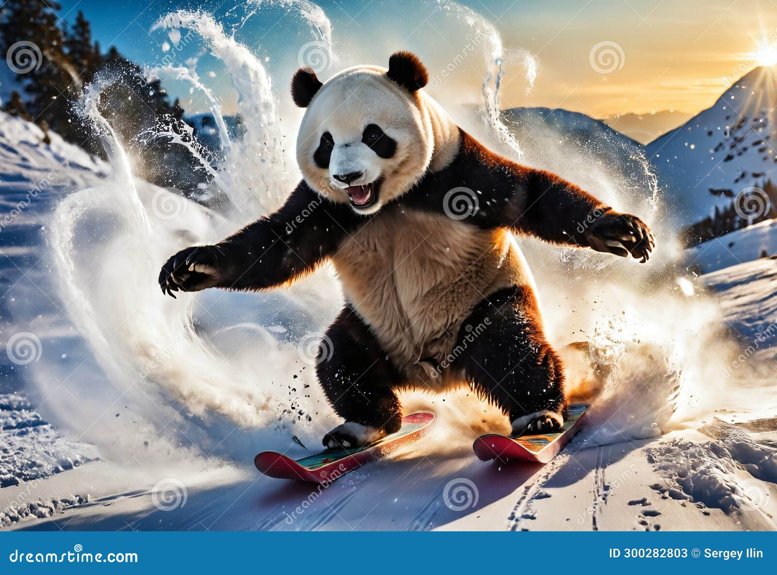 Panda Skiing on Snowboard. Generative AI Stock Illustration ...
