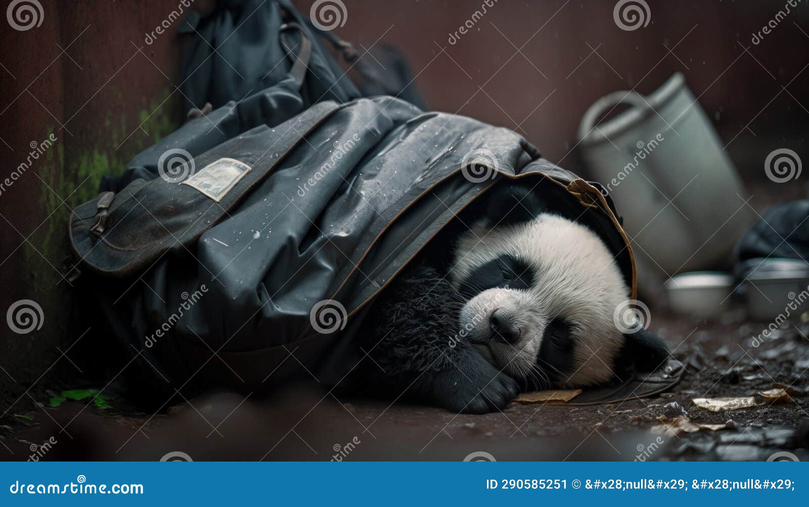 Panda Sleeping in a Black Trash Bag among the Piles of Plastic Waste ...