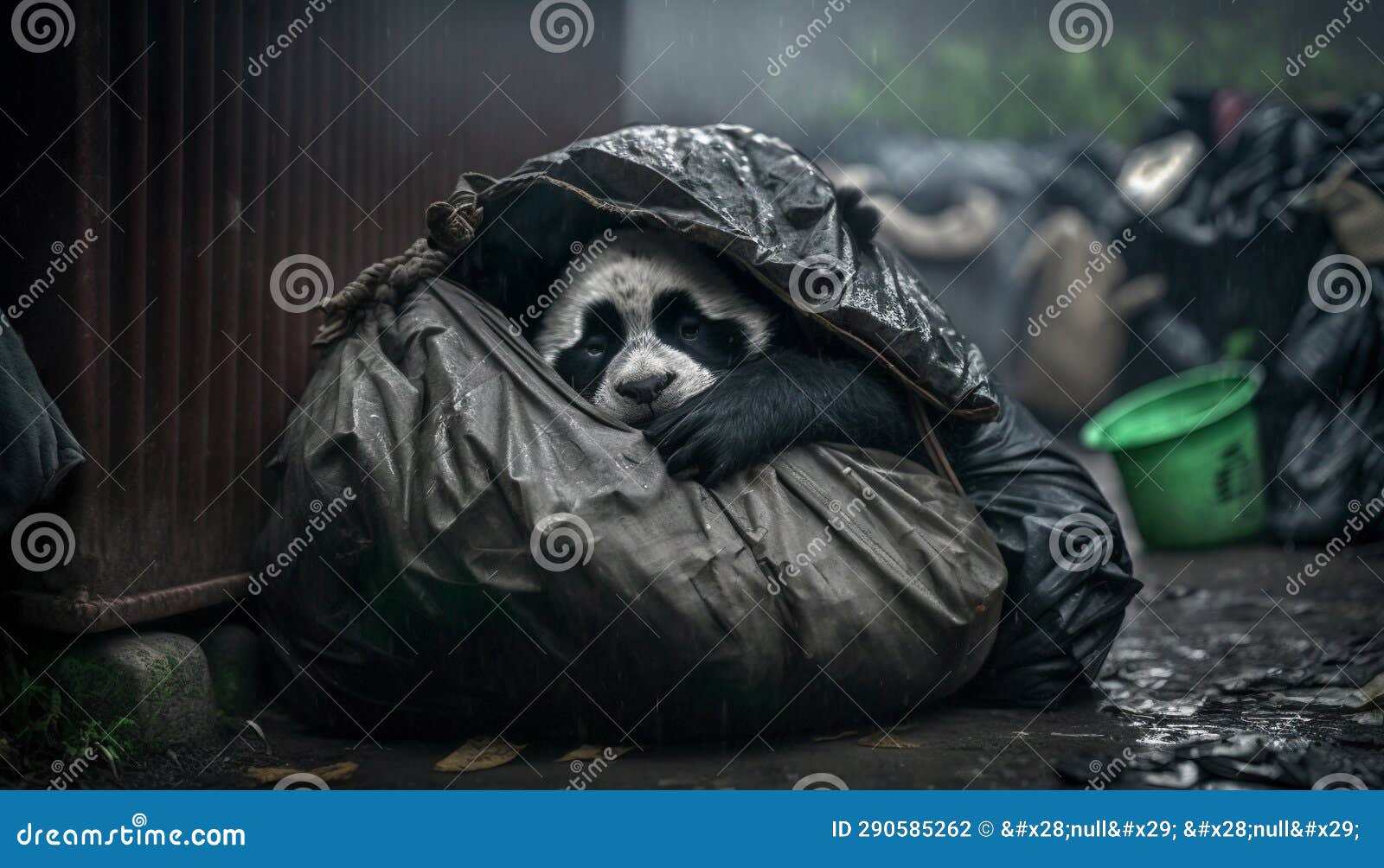 Panda Sleeping in a Black Trash Bag among the Piles of Plastic Waste ...