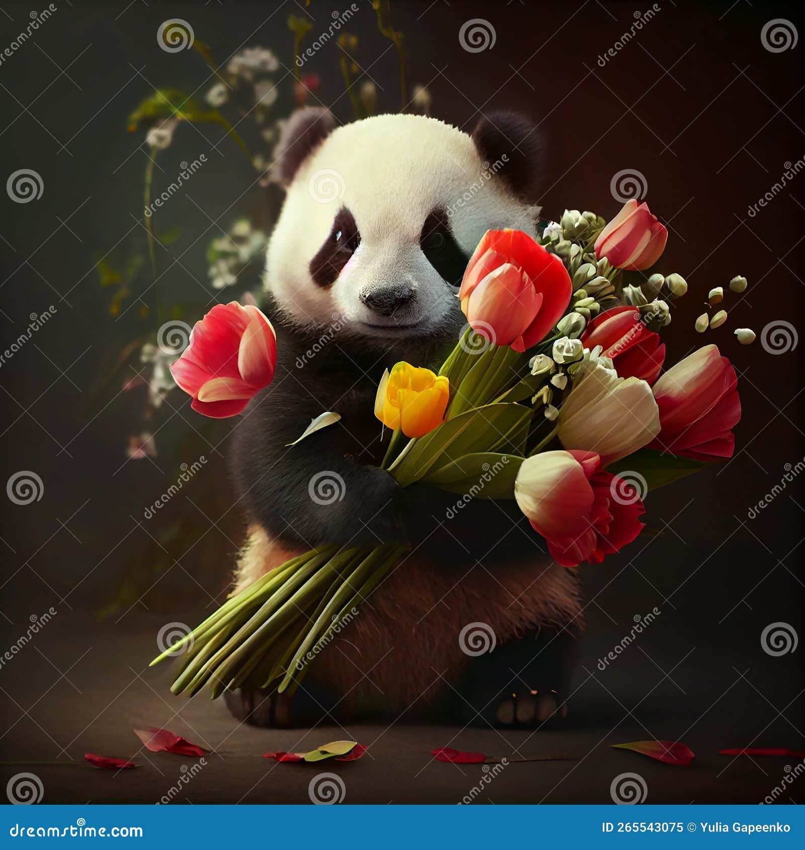 Panda with Spring Tulips Flower. Generative AI Stock Illustration ...