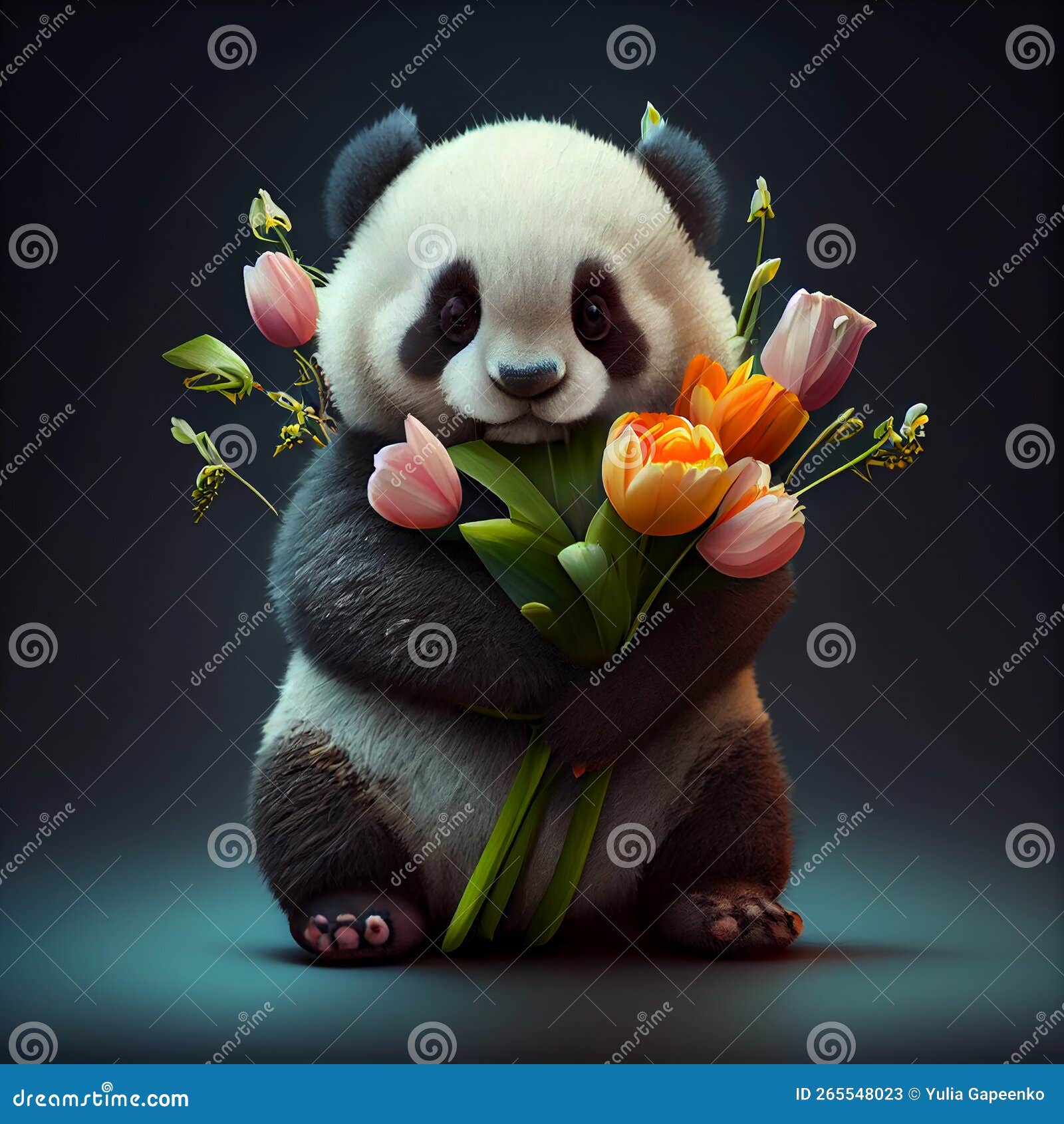 Panda with Spring Tulips Flower. Generative AI Stock Illustration ...