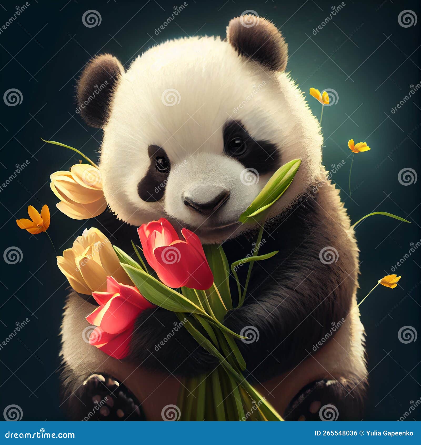 Panda with Spring Tulips Flower. Generative AI Stock Illustration ...