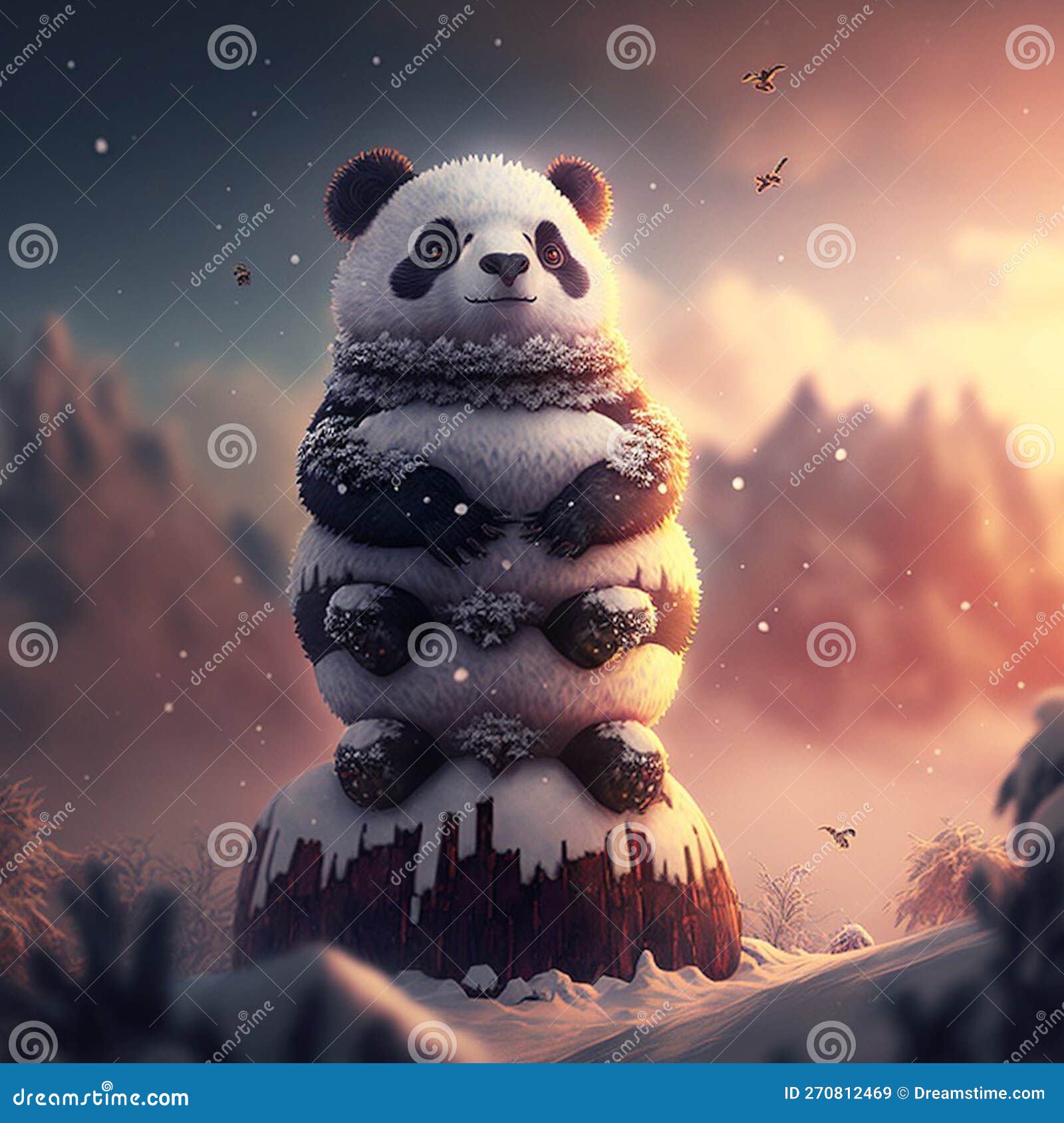 A Panda Statue is Covered in Snow and Has a Picture of a Mountain in ...