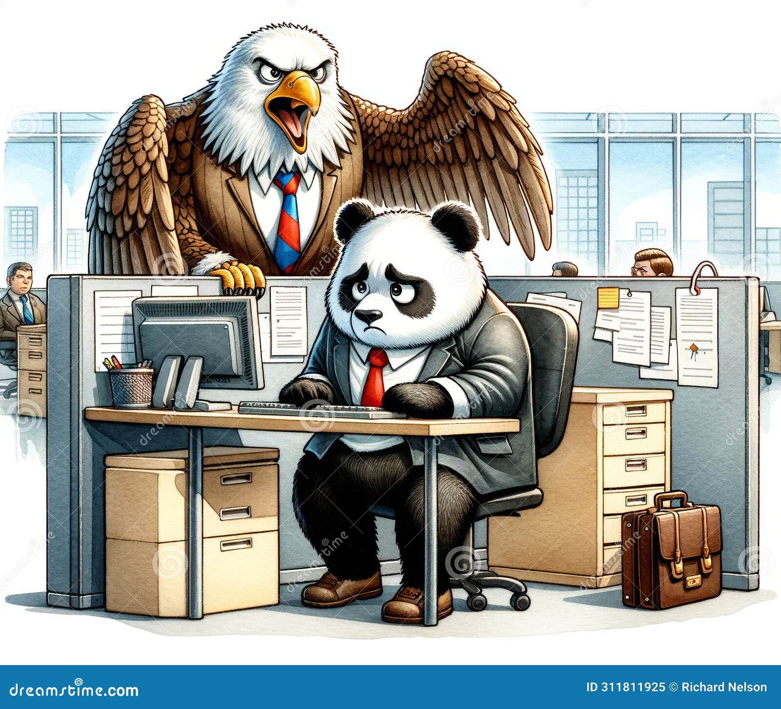 Panda in a Suit Working at a Computer with Eagle Supervisor Stock ...