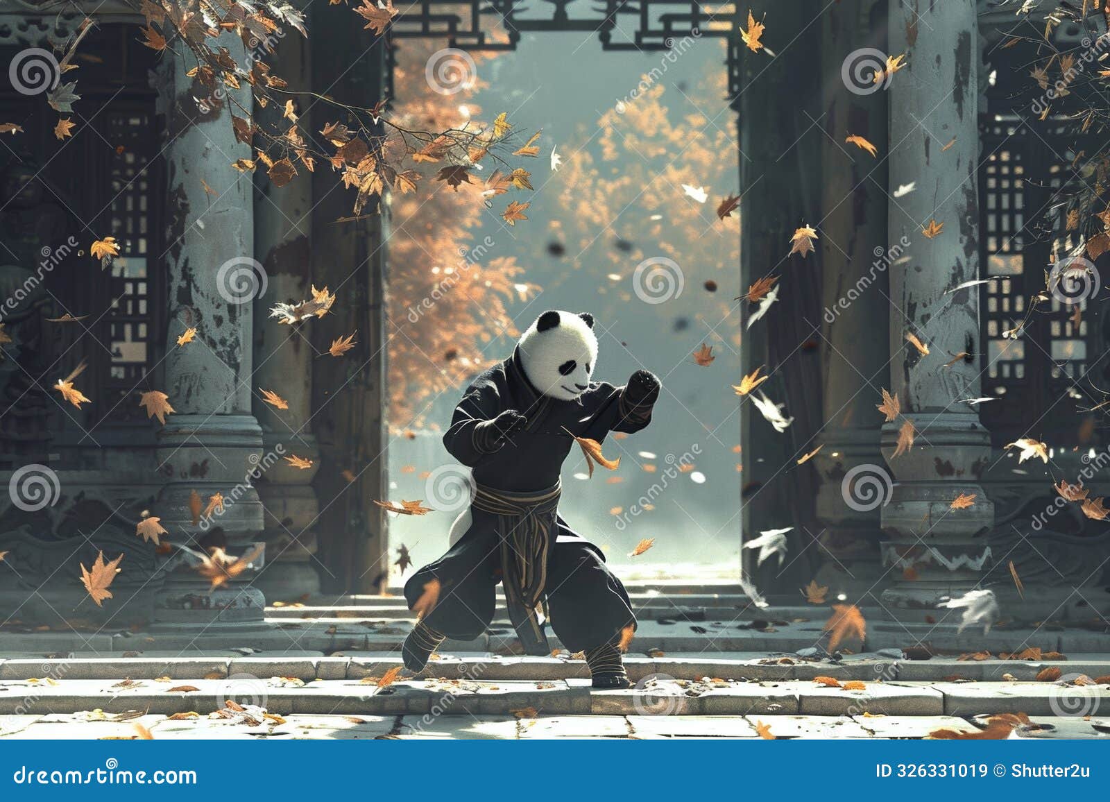 A Panda Warrior in 3D Executing Kung Fu Moves in an Ancient Temple ...