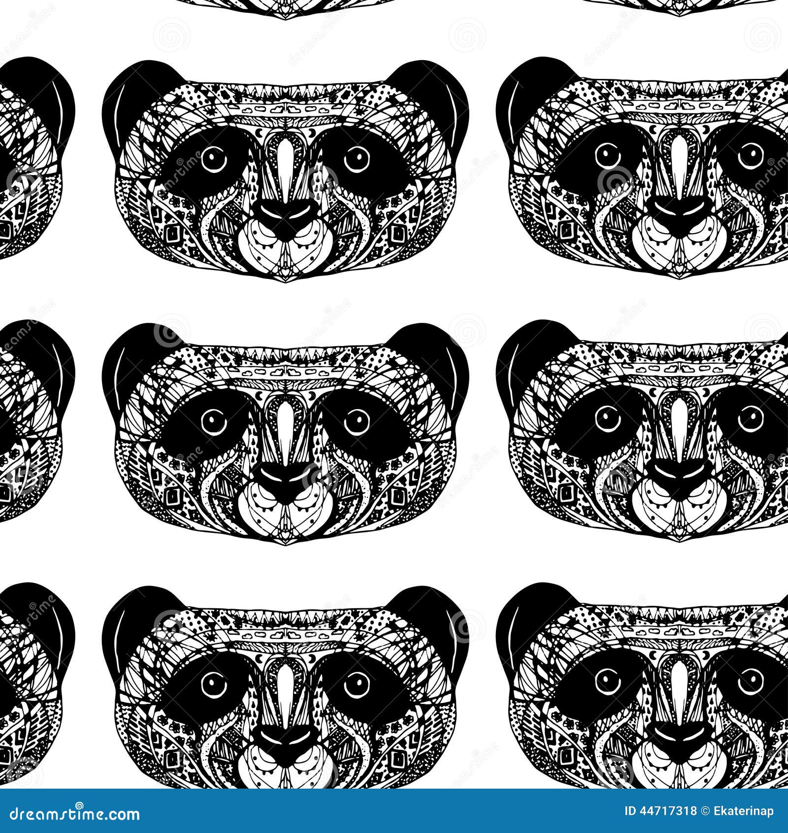 Panda on White Background Hand-drawing Head. Seamless Patern. Vector ...