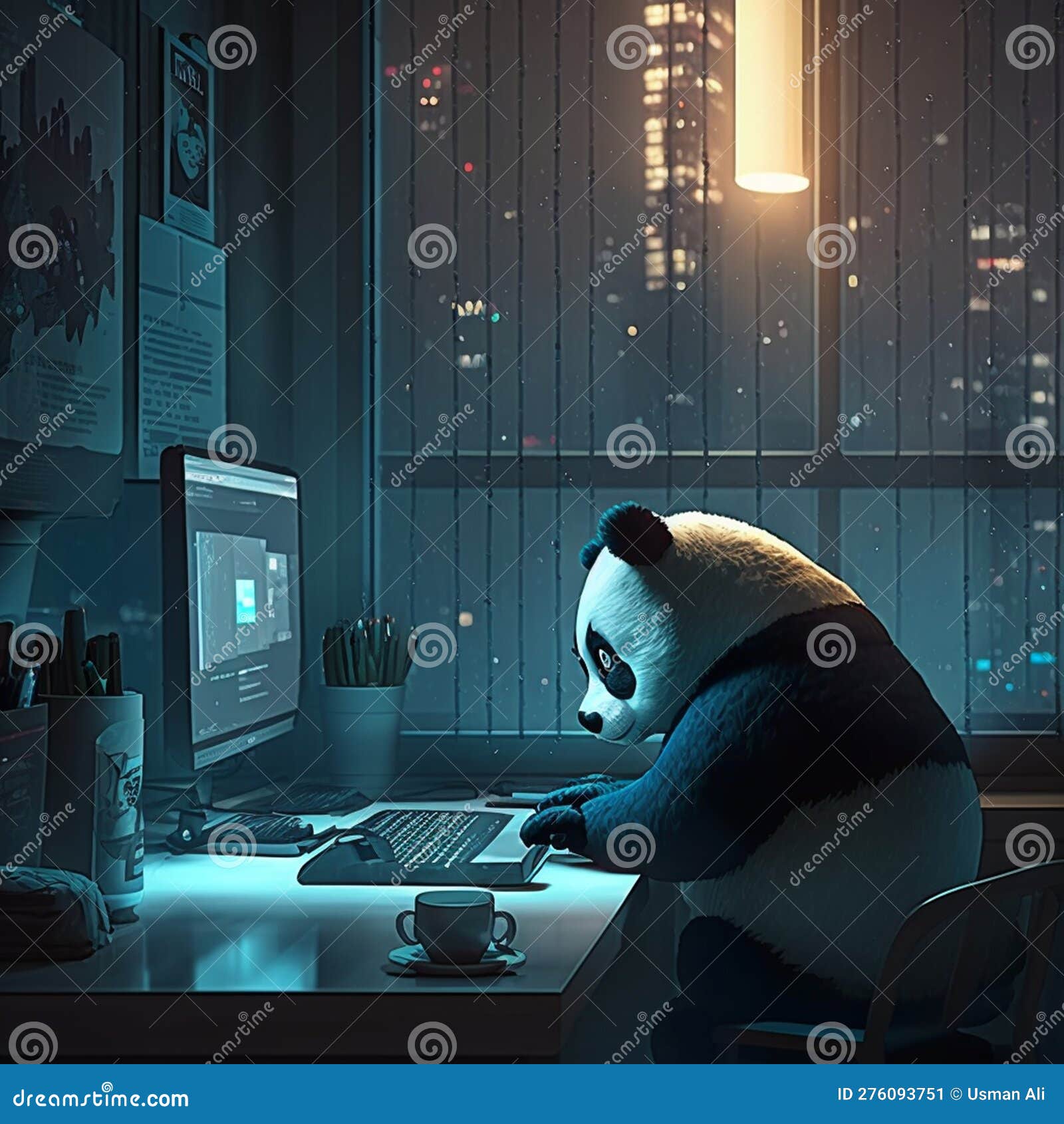 Panda Working in Office in Front of Computer in Night with Lights. Ai ...