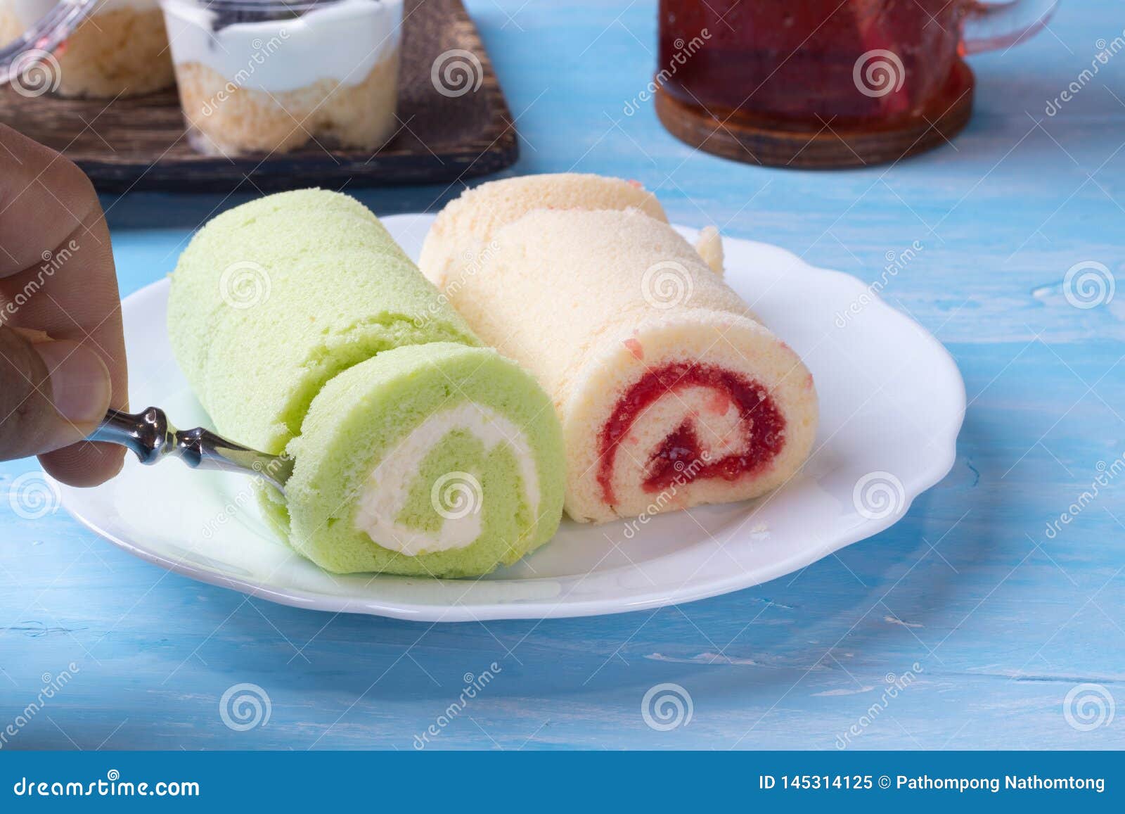 Pandan Roll Cake and Strawberry Swiss Roll Cake Stock Image - Image of ...