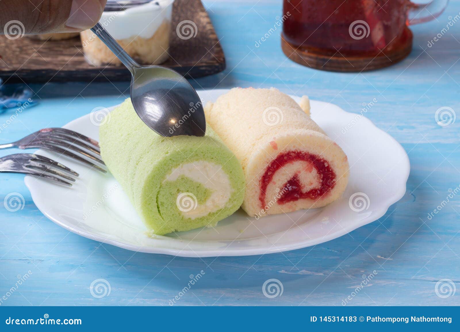 Pandan Roll Cake and Strawberry Swiss Roll Cake Stock Image - Image of ...