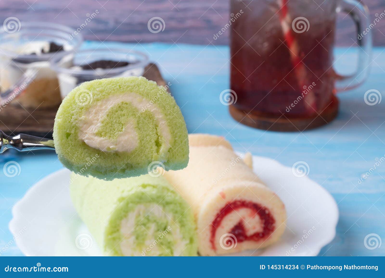 Pandan Roll Cake and Strawberry Swiss Roll Cake Stock Photo - Image of ...