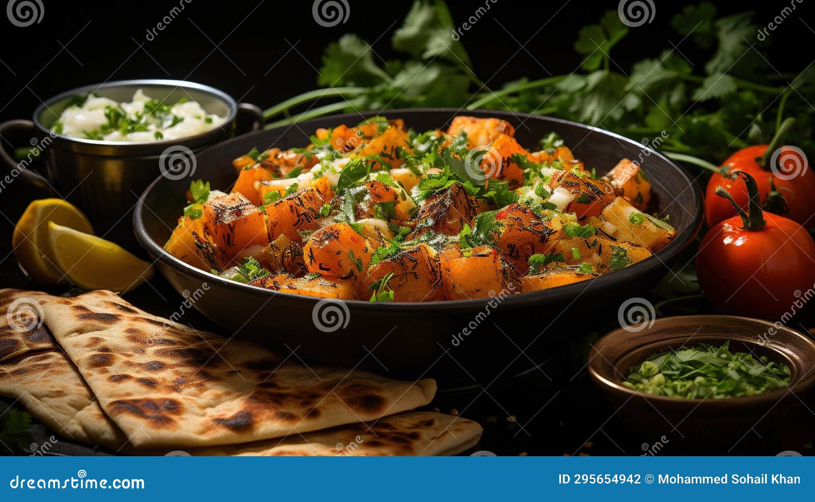 A Plate Of Sabzi, Dal, Rice, And Roti On A Pastel Teal Backdrop Royalty ...