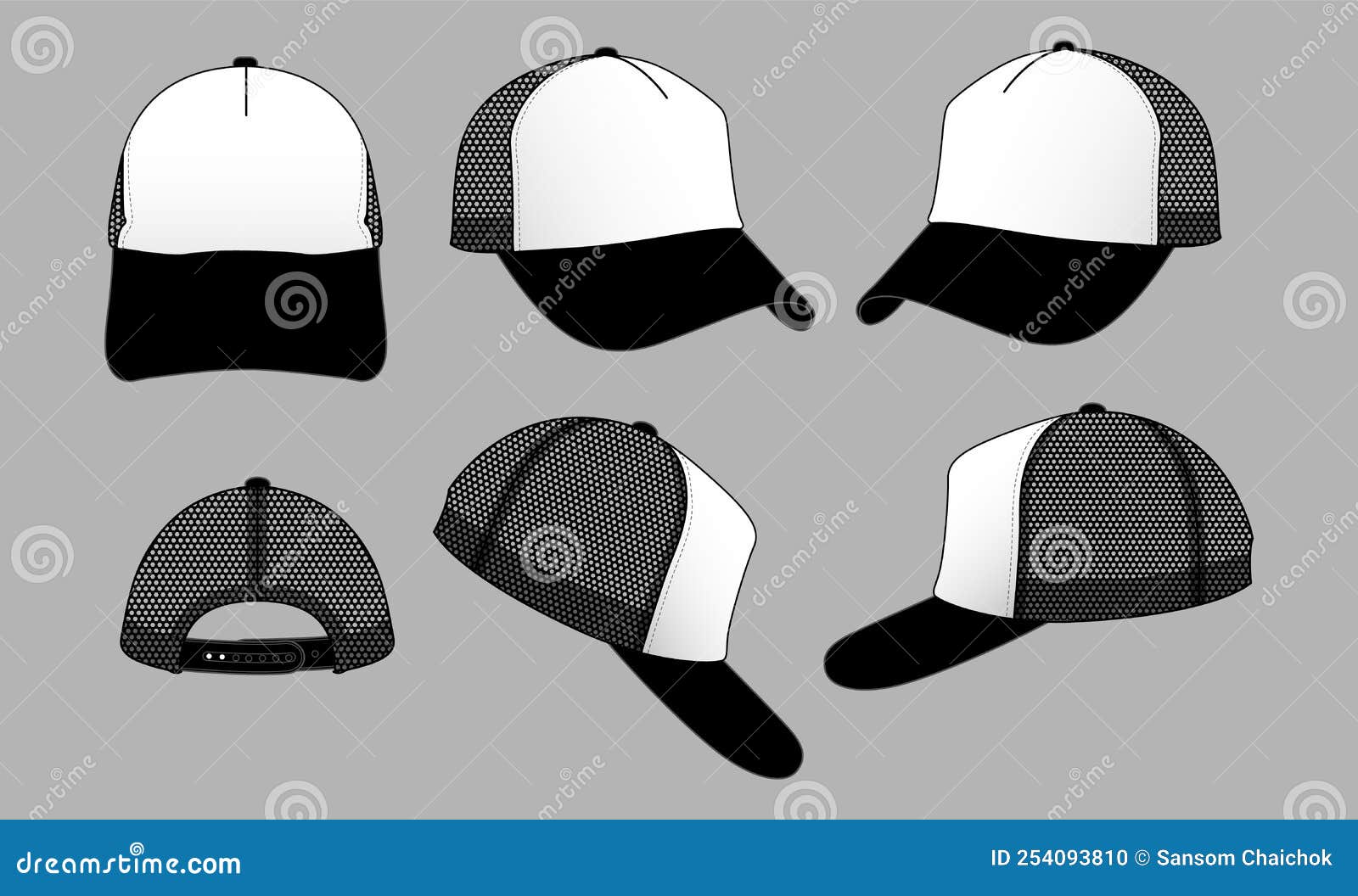 White-BlackTrucker Cap with Mesh Side and Back Panels and Adjustable ...