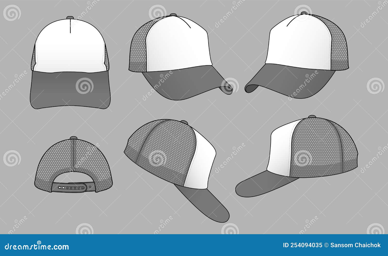 White-Gray Trucker Cap with Mesh Side and Back Panels and Adjustable ...
