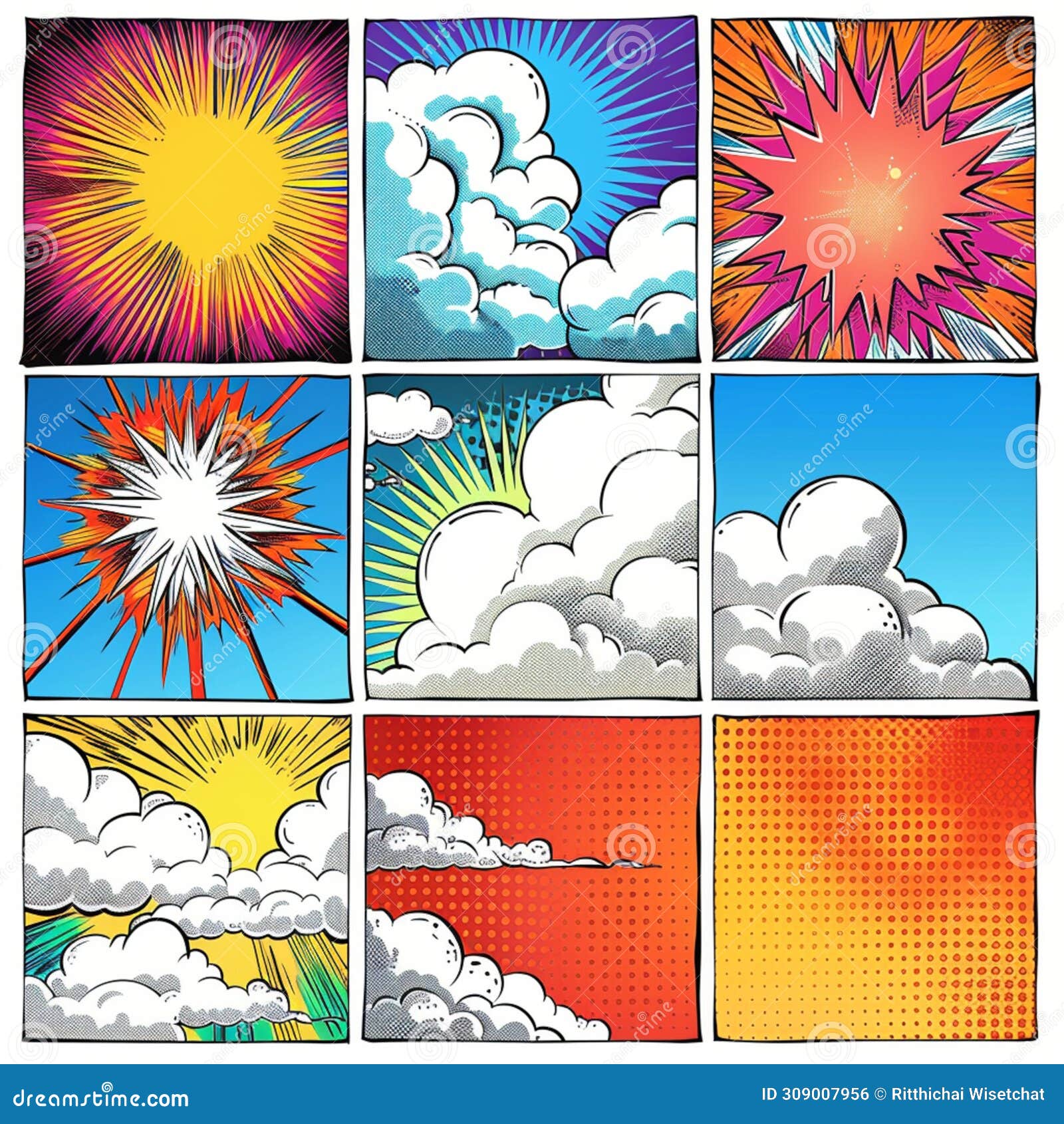 Panel Collage Featuring Vibrant Comic-style Illustrations of Sunbursts ...