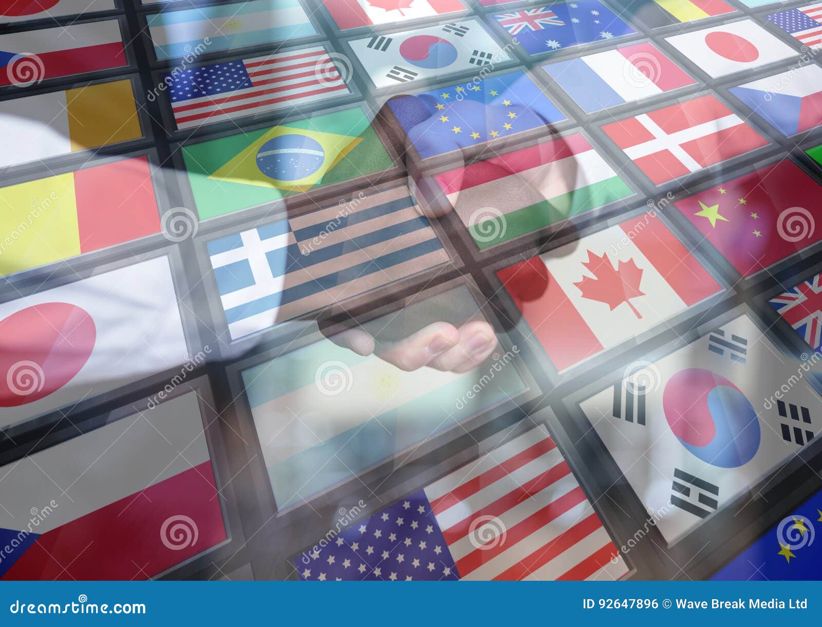 Panel With Flags On A Ball And Business Man Doing Something On It Stock ...